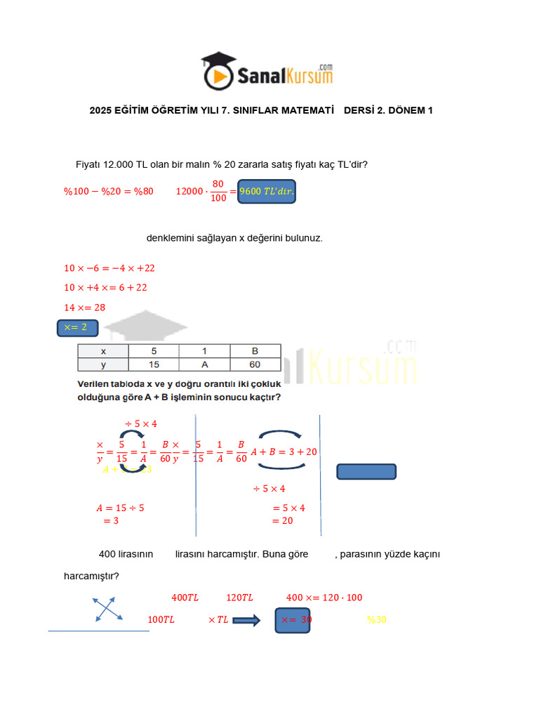 Sinif Matematik 2. Donem 1. Ornek Yazili Cevap Anahtari | PDF