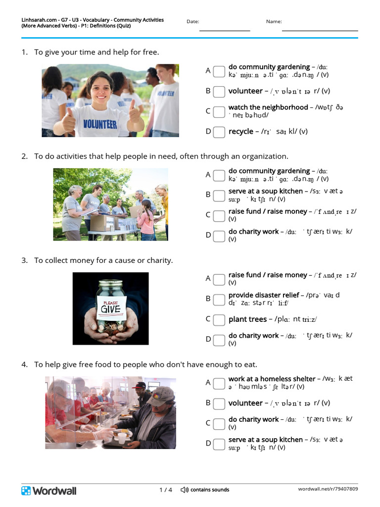 Linhsarahcom g7 U3 Vocabulary Community Activities More Advanced Verbs p1 Definitions Quiz Quiz ...