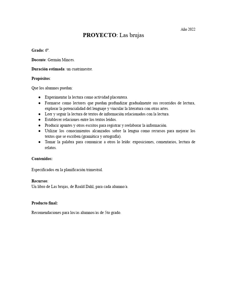 Proyecto las brujas 2022 | PDF | Comunicación humana | Escritura