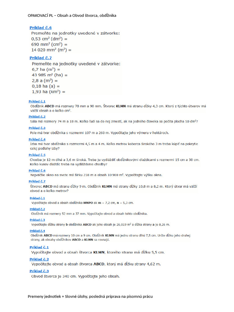 Obsah Obvod Štvorca Obdĺžnika Pracovny List | PDF