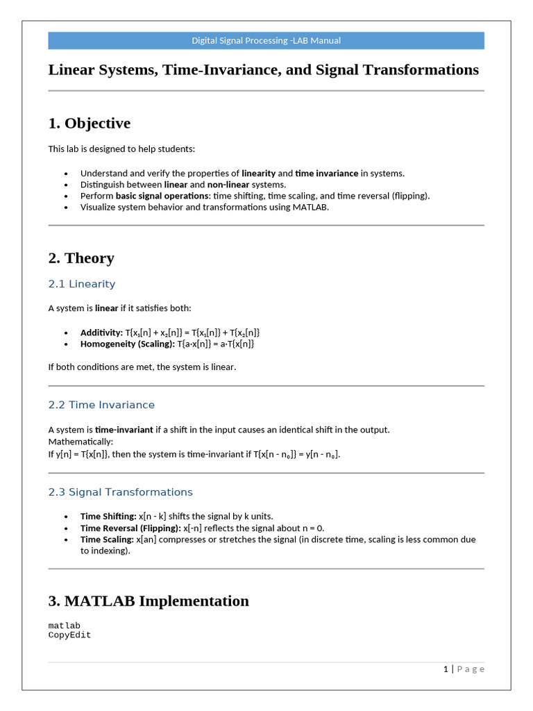 DSP - LAB - 07 - Linear Systems, Time-Invariance, and Signal Transformations | PDF | Applied ...