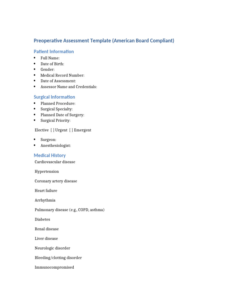 US Preoperative Assessment Template | PDF | Surgery | Anesthesia
