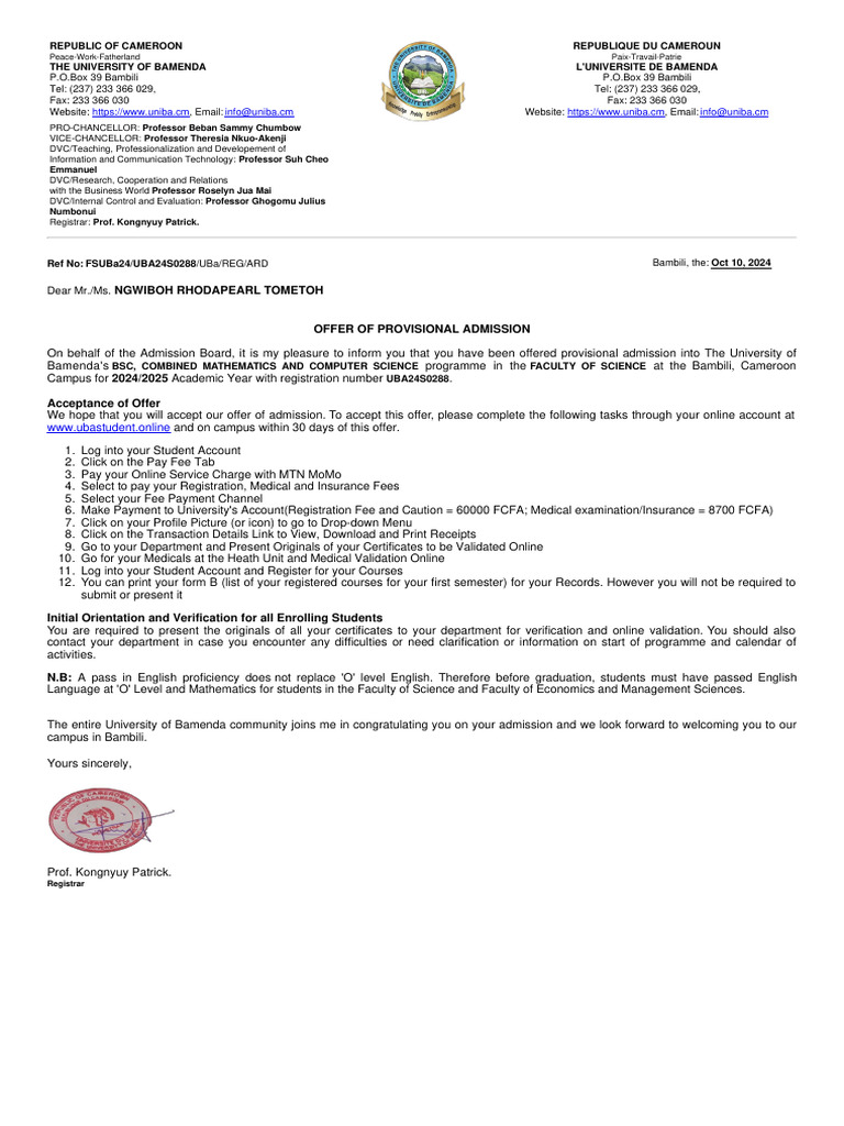 UBA Provisional Admission Offer 2024/2025 | PDF