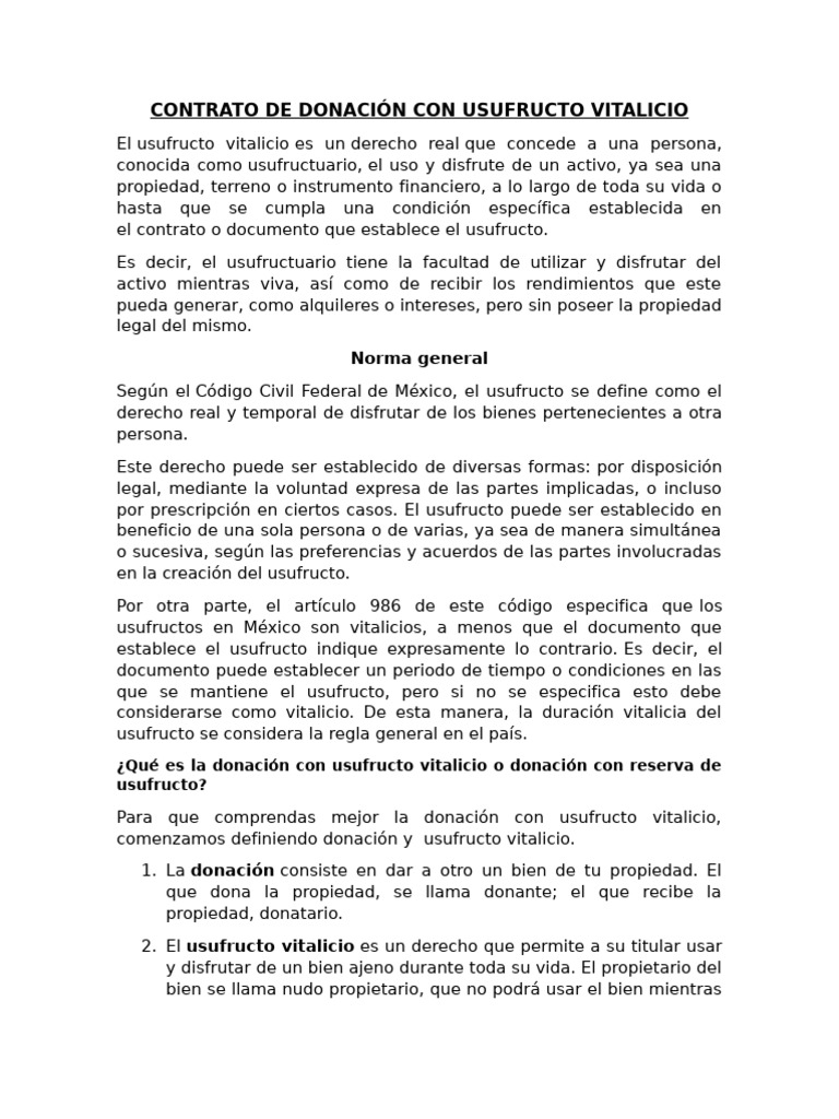 Contrato de Donación Con Usufructo Vitalicio | PDF | Donación | Propiedad