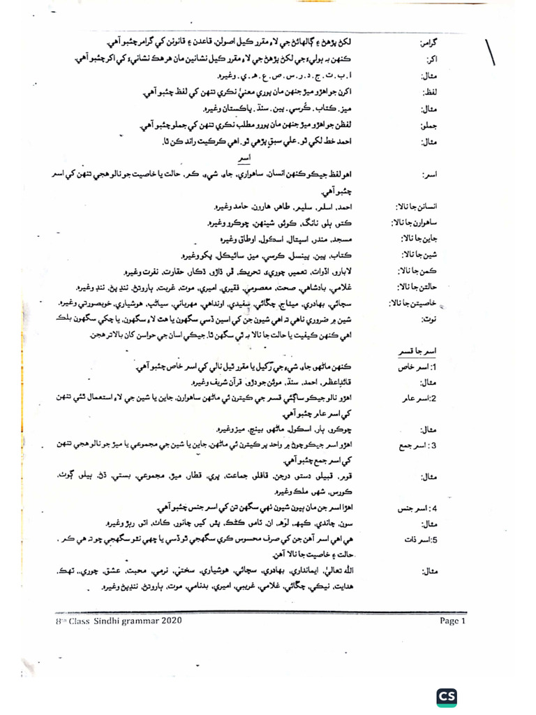 Sindhi Notes 8th Class | PDF