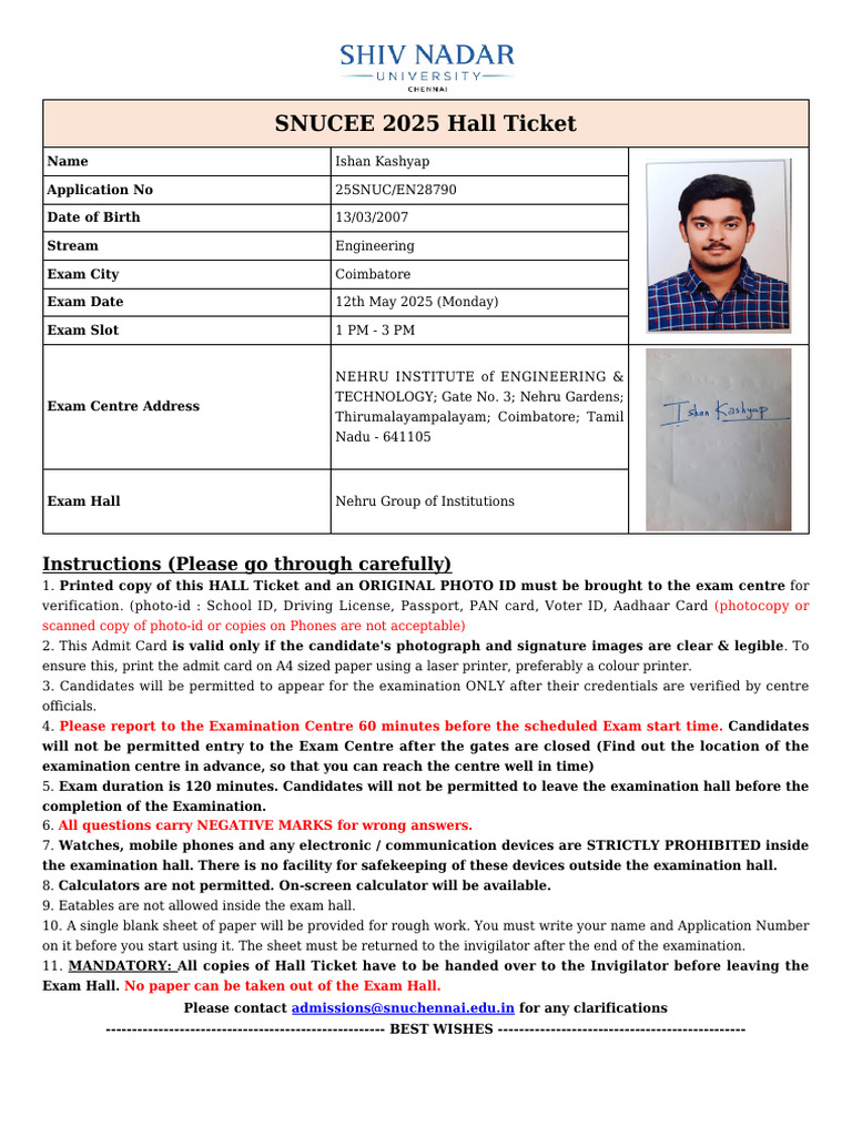 SNUCEE Hall Ticket 25SNUC EN28790 | PDF