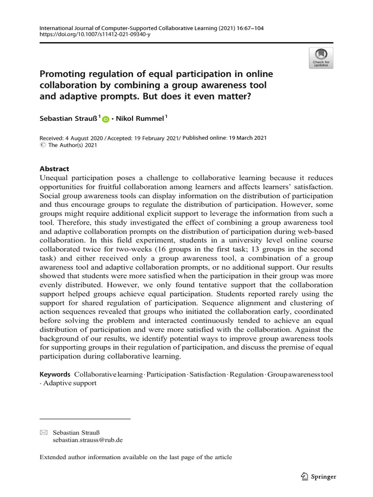 Promoting regulation of equal participation in online collaboration by combining a group ...