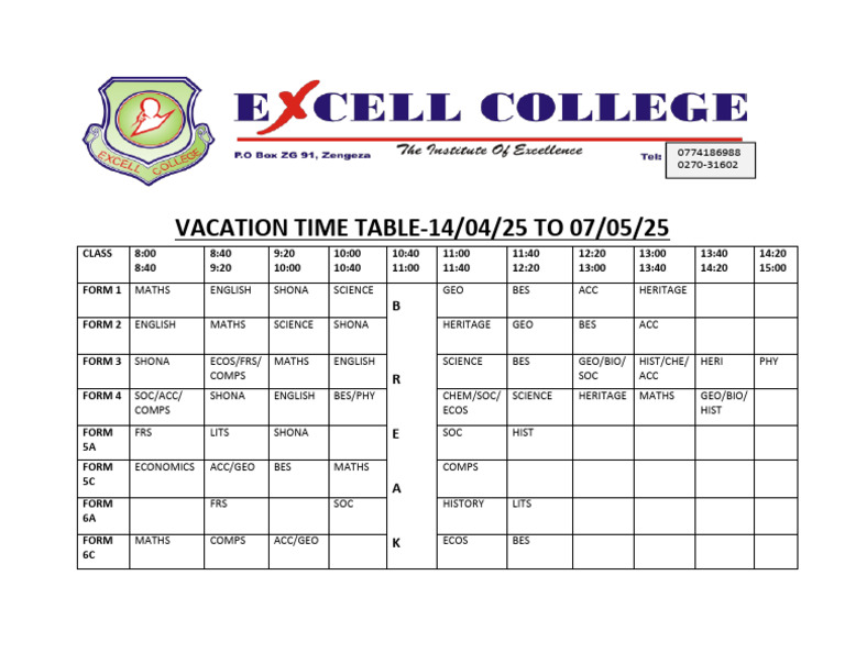 Vacation Time Table 2025 | PDF