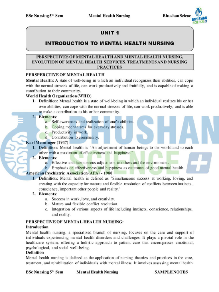 Mental Health Nursing 5TH Sem Unit 1 Sample Notes PDF | PDF