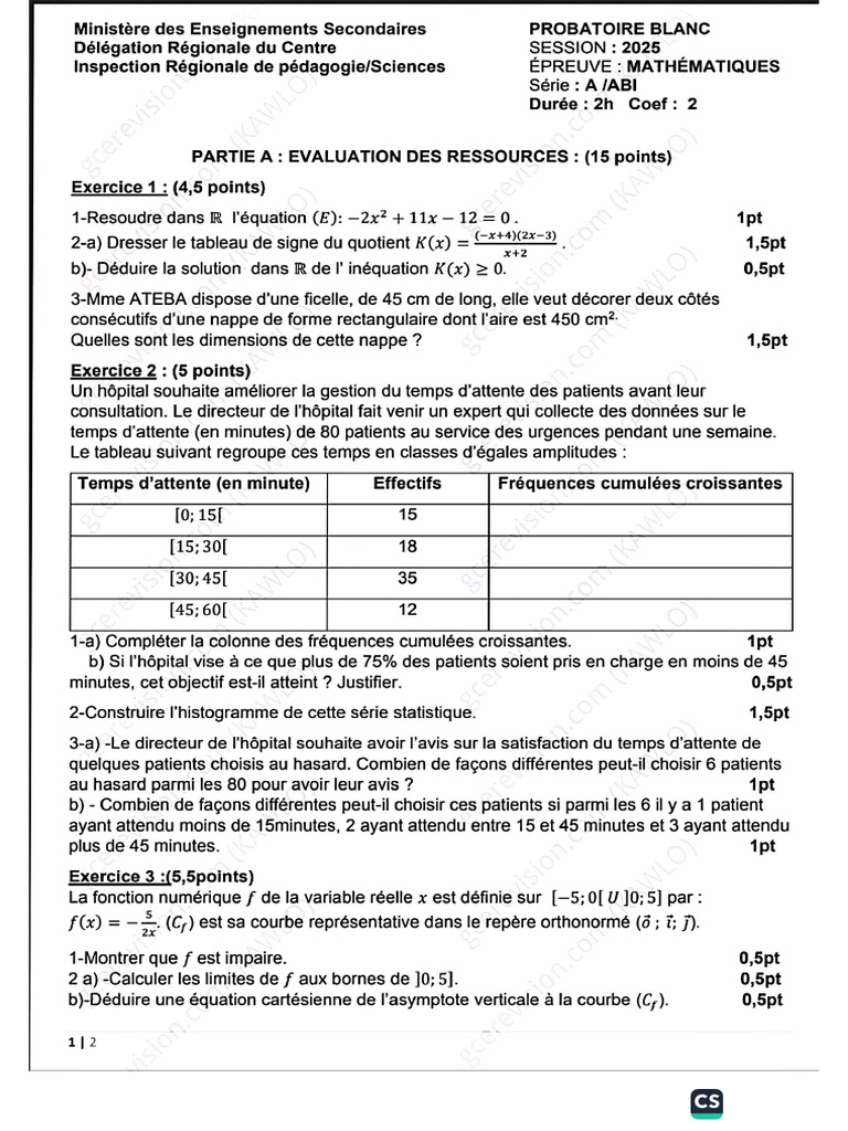 Probatoire A Blanc - Centre - 2025 | PDF