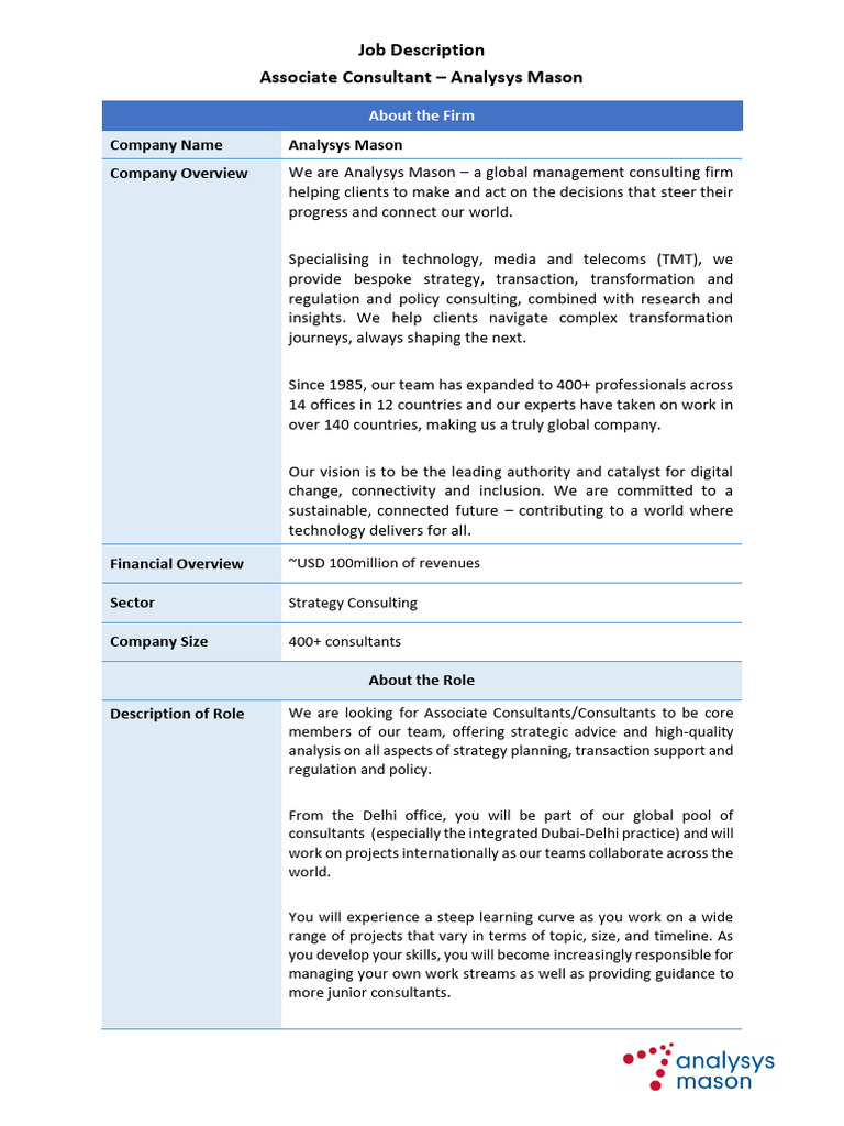 Analysys Mason - Job Description - Associate Consultant | PDF ...