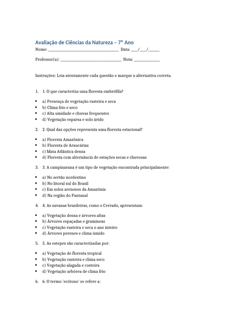 Avaliacao Ciencias 7ano | PDF | Mangue | Florestas