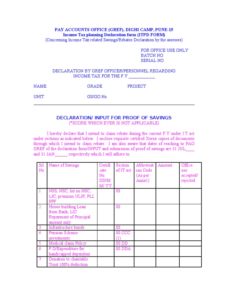 Income Tax Planning Declaration Form for GREF Officers Detailing Proposed Tax Savings and ...