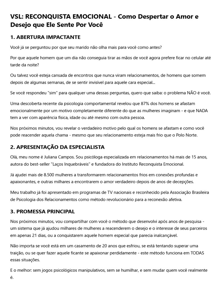 Script VSL - Reconquista Emocional | PDF | Psicologia | Amor