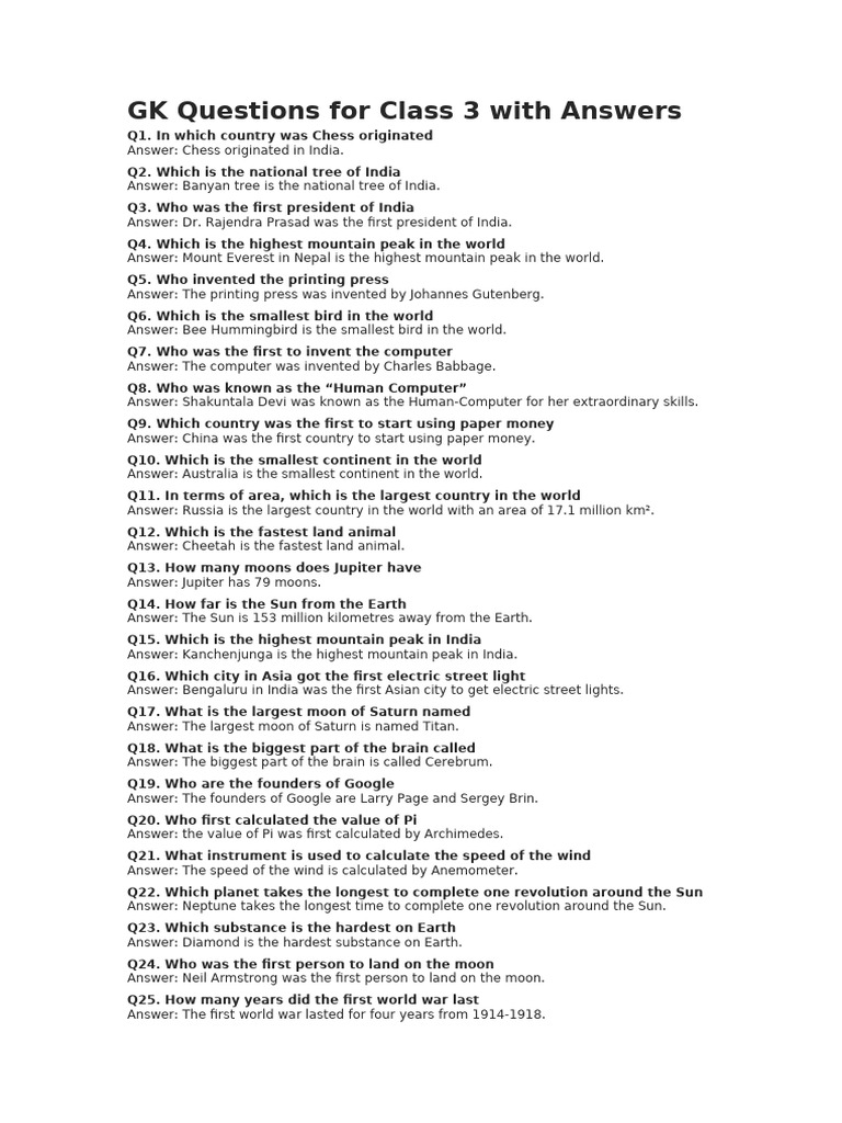 GK Questions for Class 3 with Answers | PDF