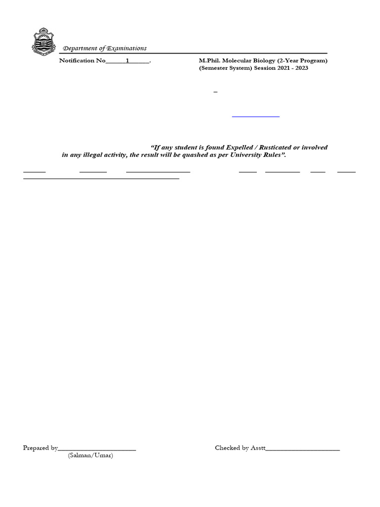 MPhil Molecular Biology 2 Year Program Semester System Session 2021 - 202313 | PDF