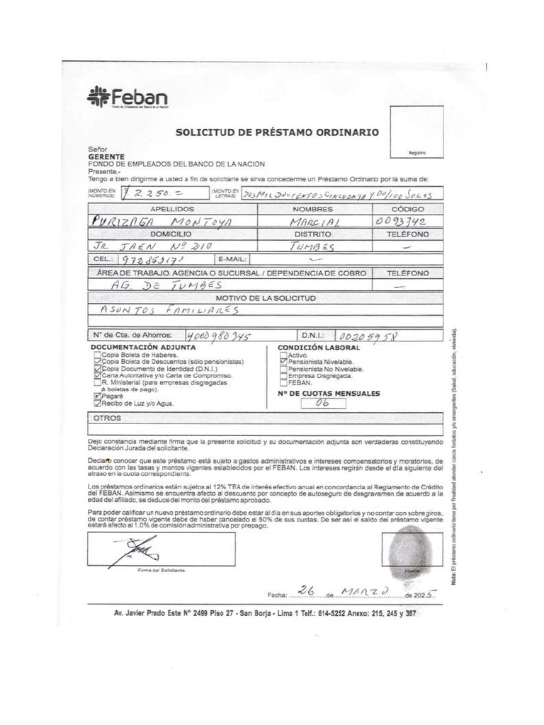 Marcial Purizaga Prestamo Ordinario Feban | PDF