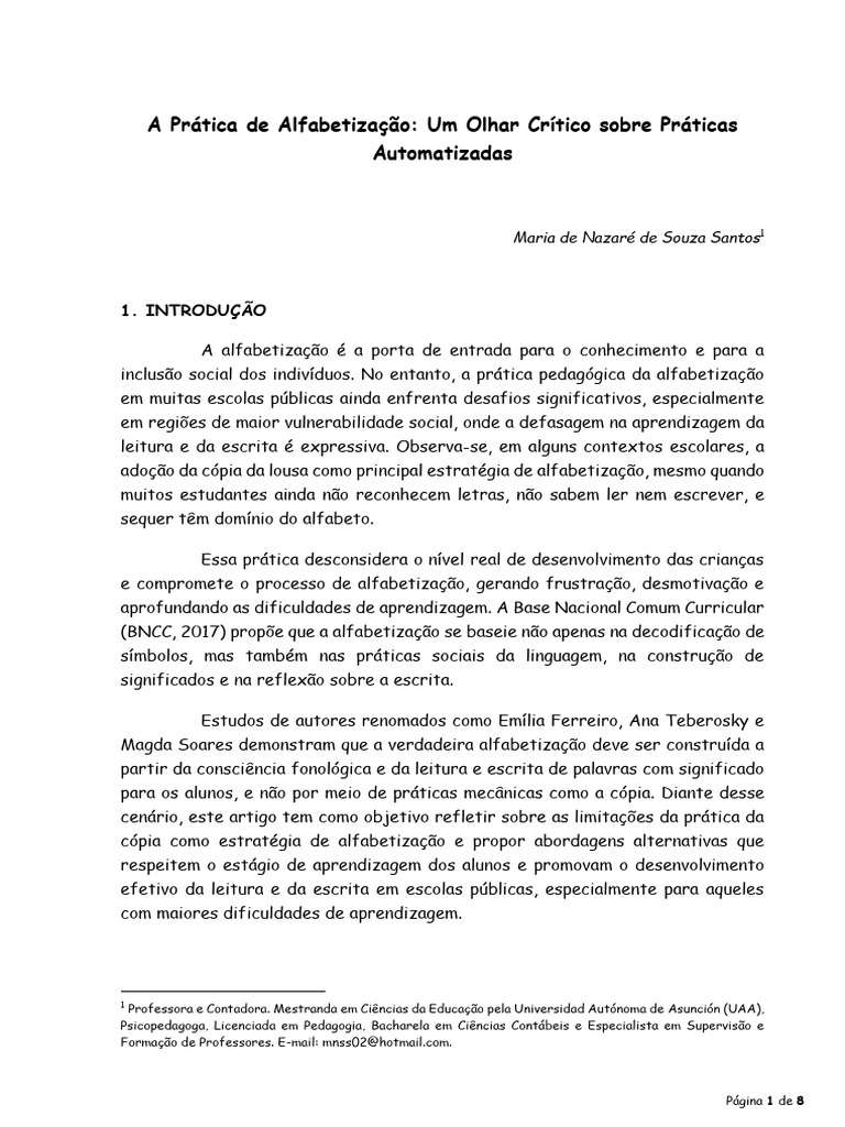 A Prática de Alfabetização - Um Olhar Crítico Sobre Práticas ...