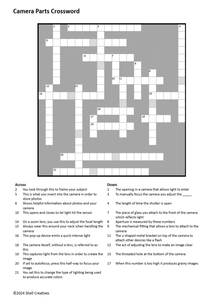 Camera Parts Crossword Puzzle | PDF | Camera | Camera Lens