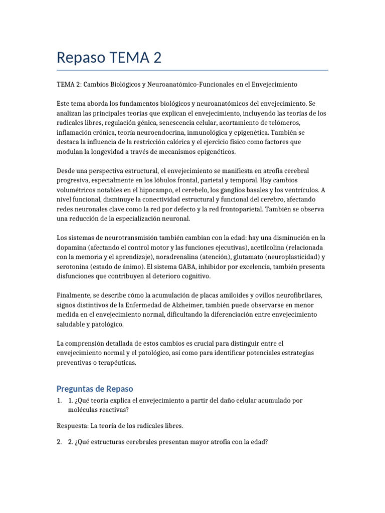 Repaso TEMA 2 | PDF | Envejecimiento | Cerebro