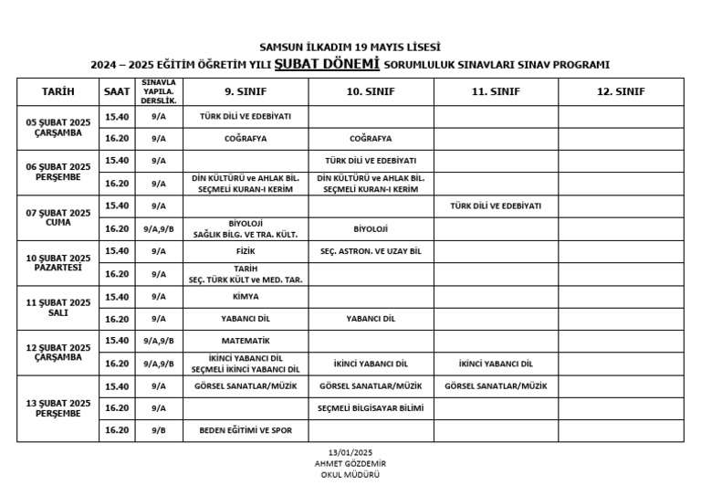2024-2025 Şubat Dönemi̇ Sorumluluk Sinav Programi | PDF