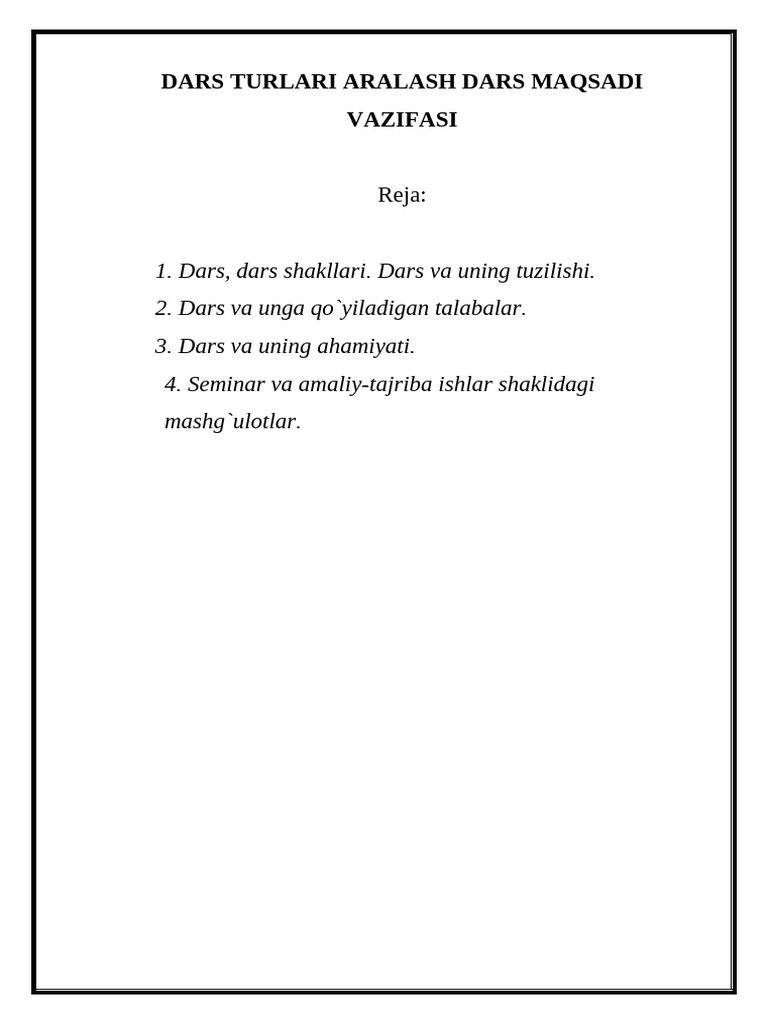 Dars Turlari Aralash Dars Maqsadi Vazifasi | PDF