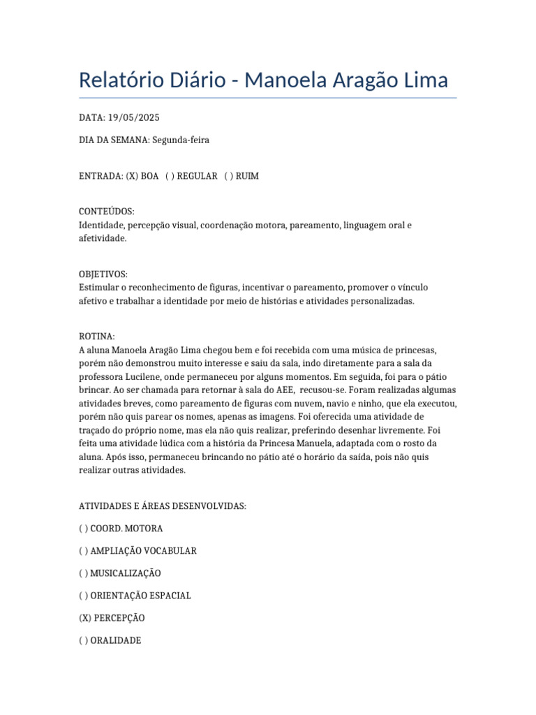 Relatorio Diario Manoela Aragao Lima 19-05-2025 | PDF