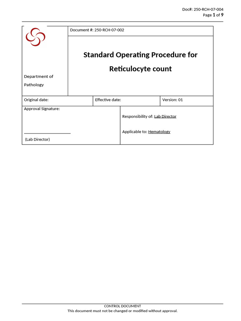 SOp of Reticulocyte Count | PDF | Staining | Red Blood Cell