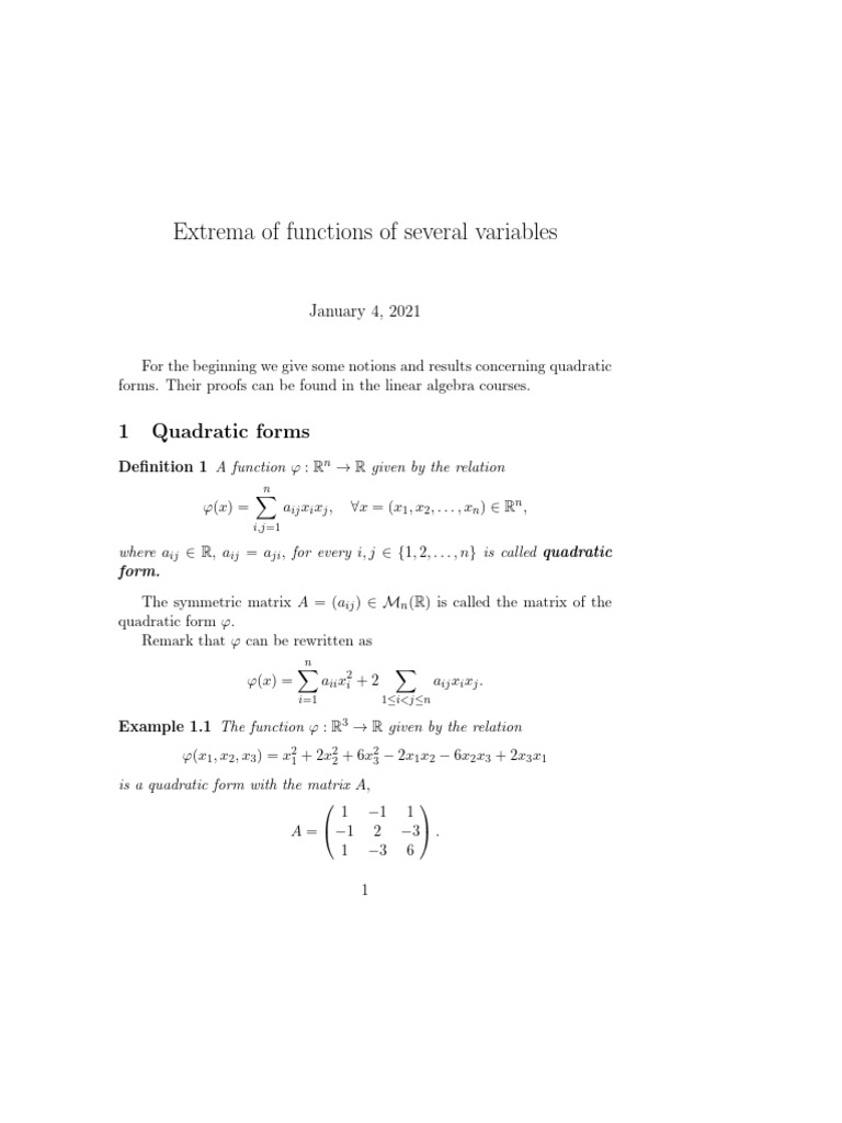 Extrema of Functions of Several Variables - 04 January, 2021 | PDF | Mathematical Analysis | Algebra
