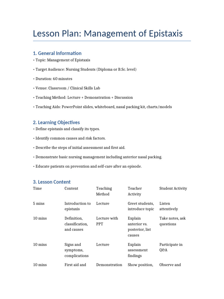 Epistaxis Management Lesson Plan | PDF | Lecture | Nursing