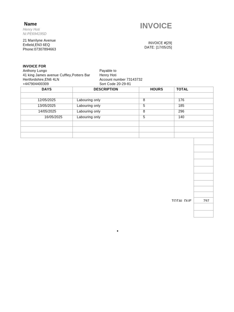 Invoice for Labour Services - Henry Hoti | PDF