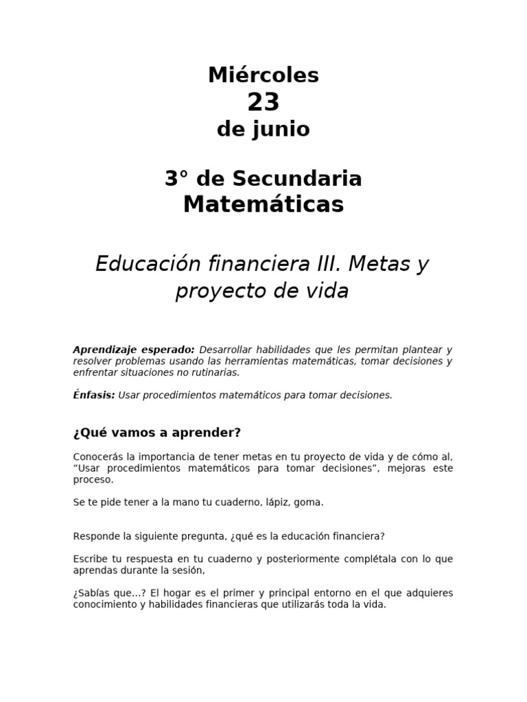?3° MATEMATICAS 23 - Junio | PDF | Educación financiera | Presupuesto