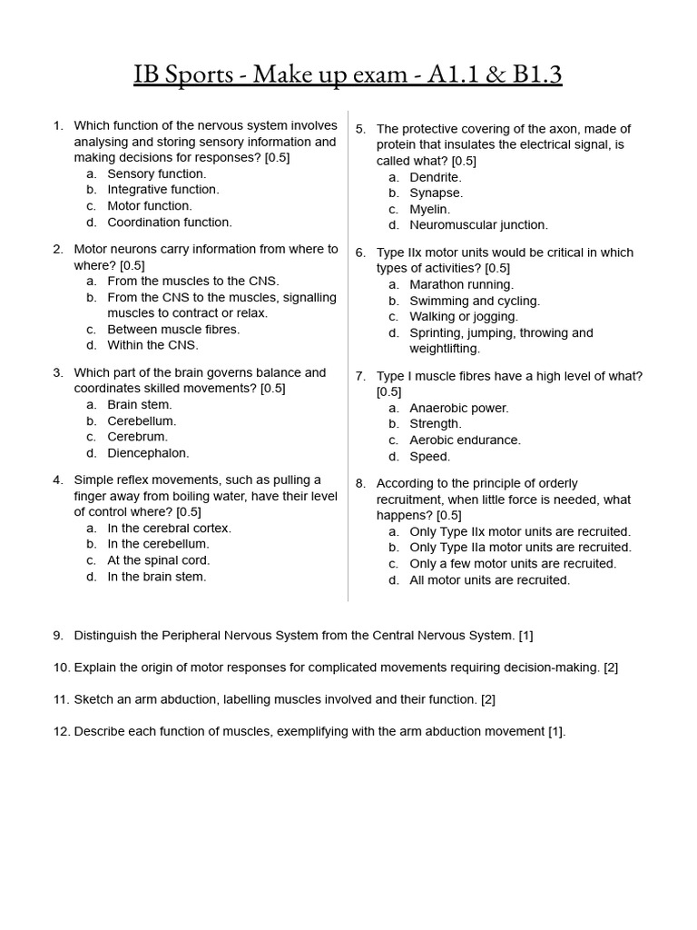 IB - SEHS - A1.1 & B1.3 Makeup Exam | PDF | Motor Neuron | Central ...