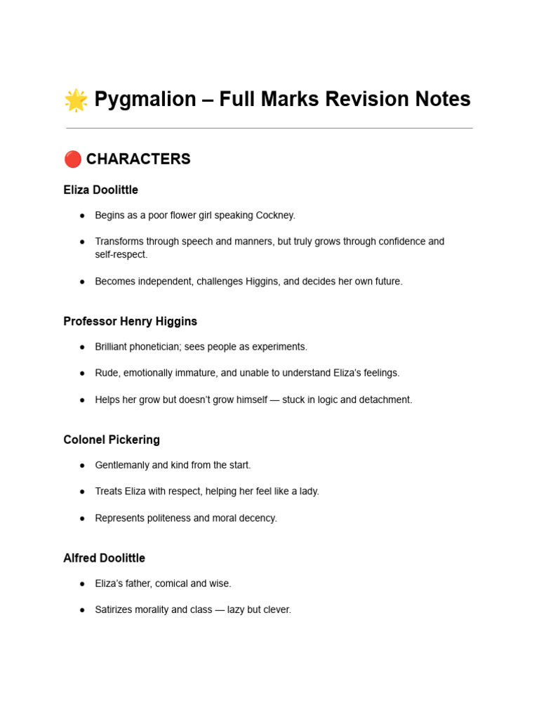 ? Pygmalion Summary - Final Revision | PDF | Pygmalion (Play)