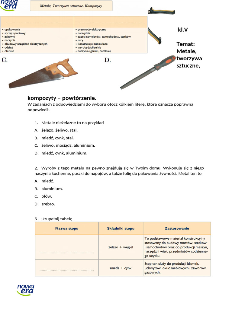 Materialy I Ich Zastosowanie Sprawdzian 2 Wersja A Metale Tworzywa Sztuczne Kompozyty | PDF
