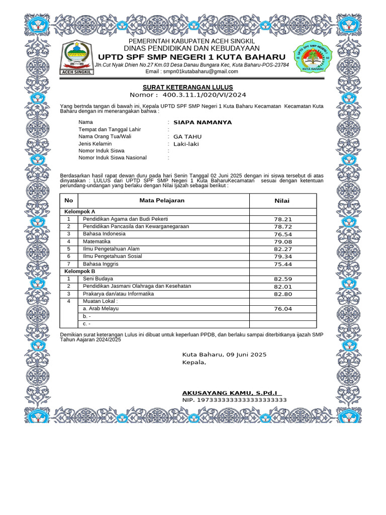 Format SKL - Transkrip Nilai SMP-K13-Kumer | PDF