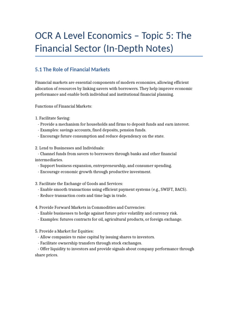 OCR Economics Topic 5 Notes Financial Sector Detailed | PDF | Financial ...
