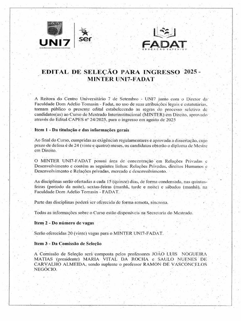 Edital Minter UNI7 e FATAD 2025 | PDF