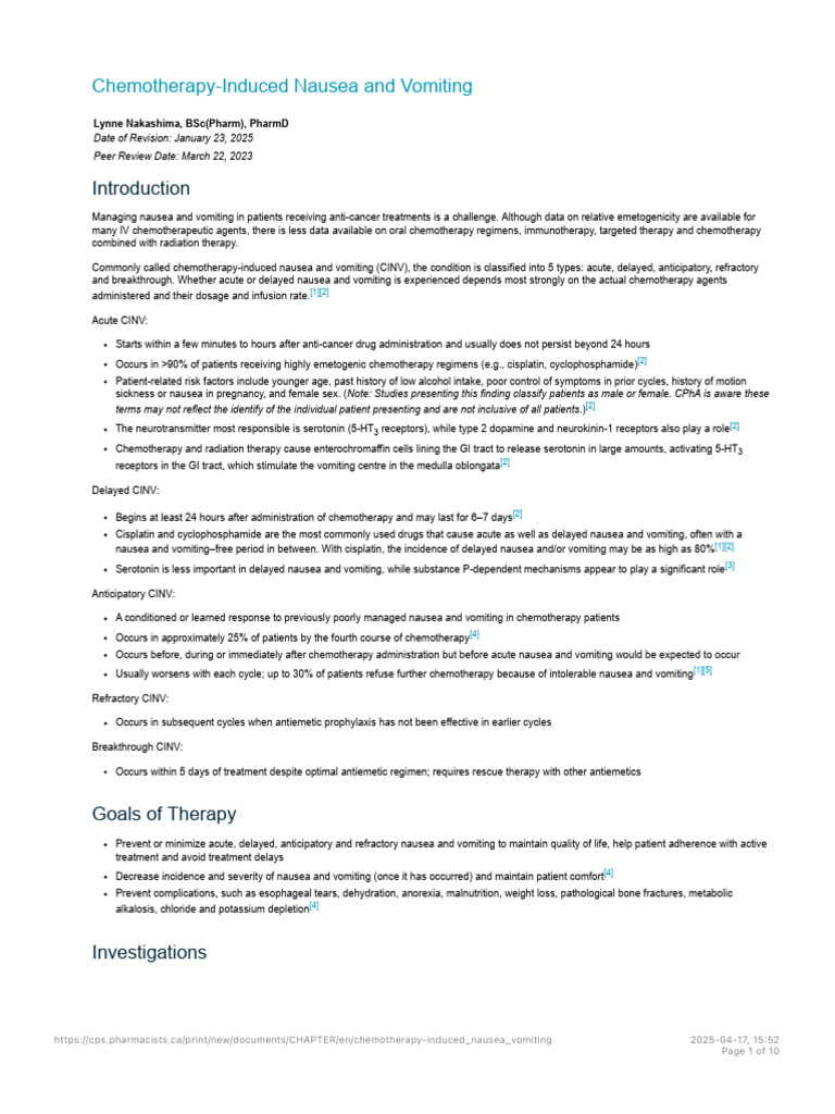 Chemotherapy-Induced Nausea and Vomiting | PDF | Chemotherapy | Nausea