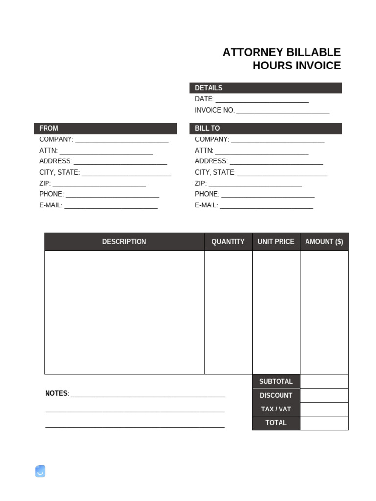 Attorney Billable Hours Invoice Template | PDF