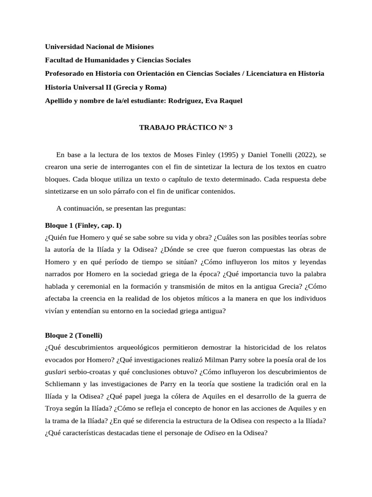 Rodriguez Eva Raquel TP #3 HU II GyR | PDF | Homero | Ilíada