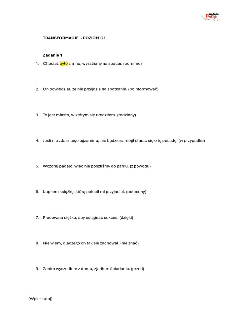 Transformacje Zadania C1 | PDF