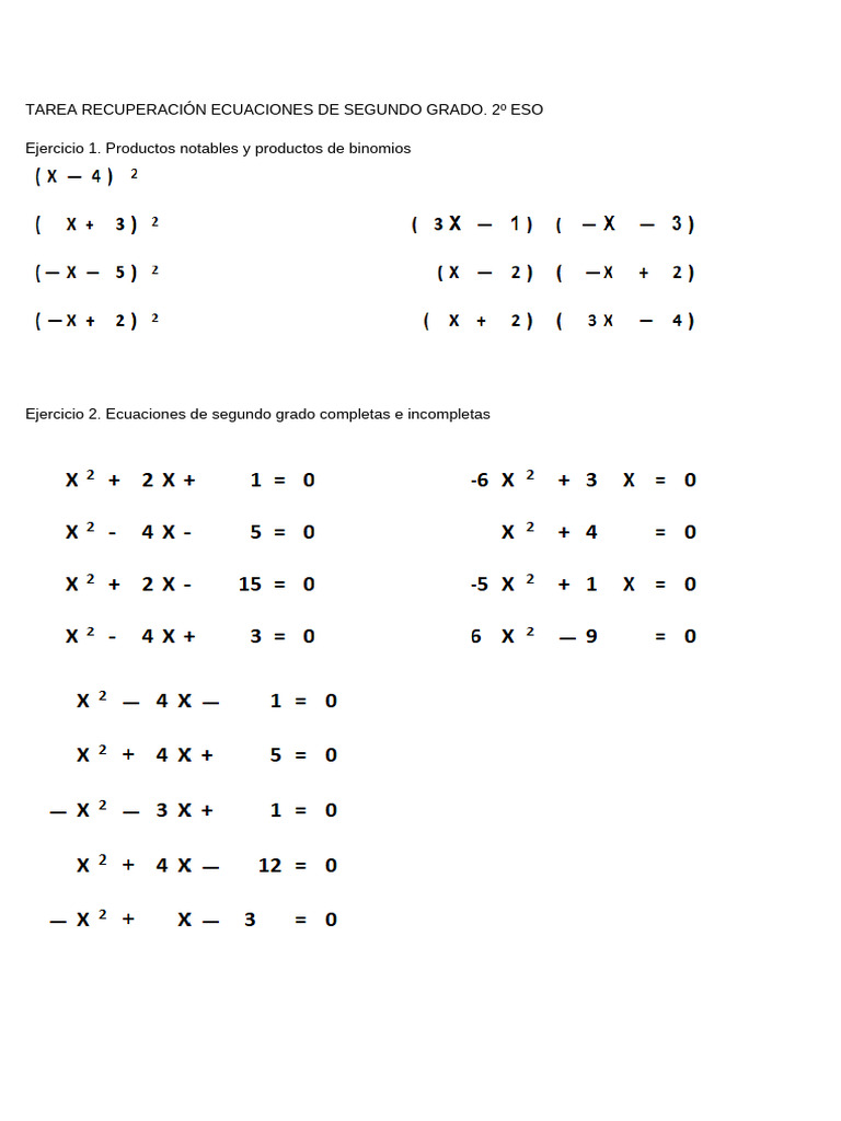 Tarea Recuperación Ecuaciones de Segundo Grado 2º Eso | PDF