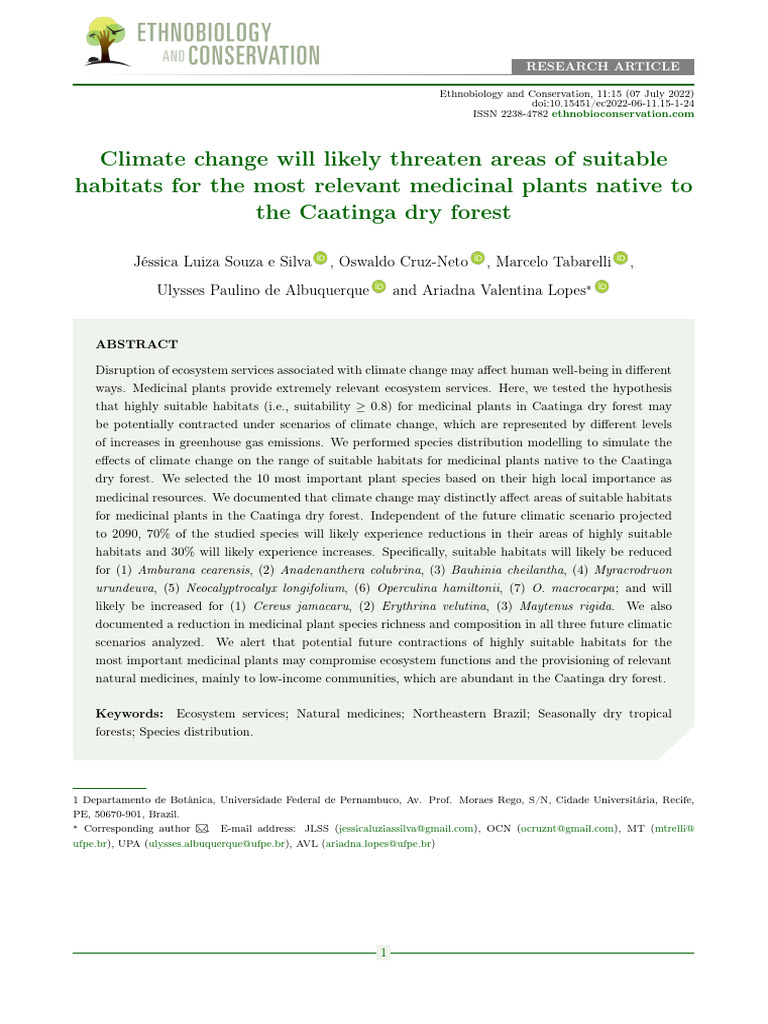 Climate Change Will Likely Threaten Areas of Suitable Habitats For The ...