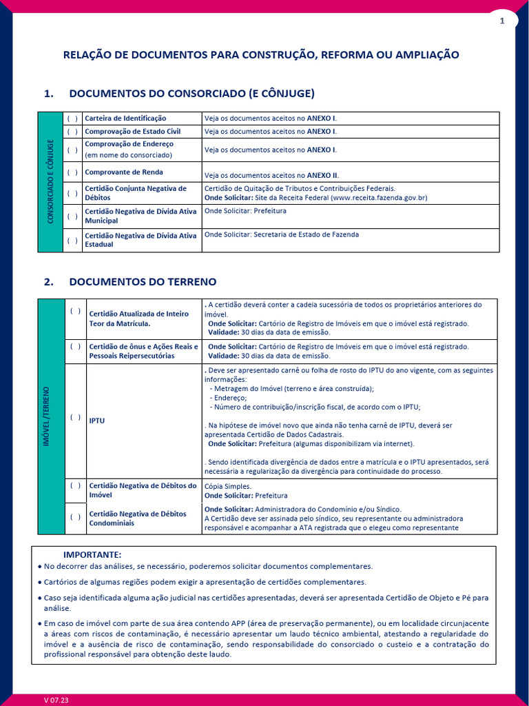 CNP Check List PF Construcao Reforma e Ampliacao | PDF