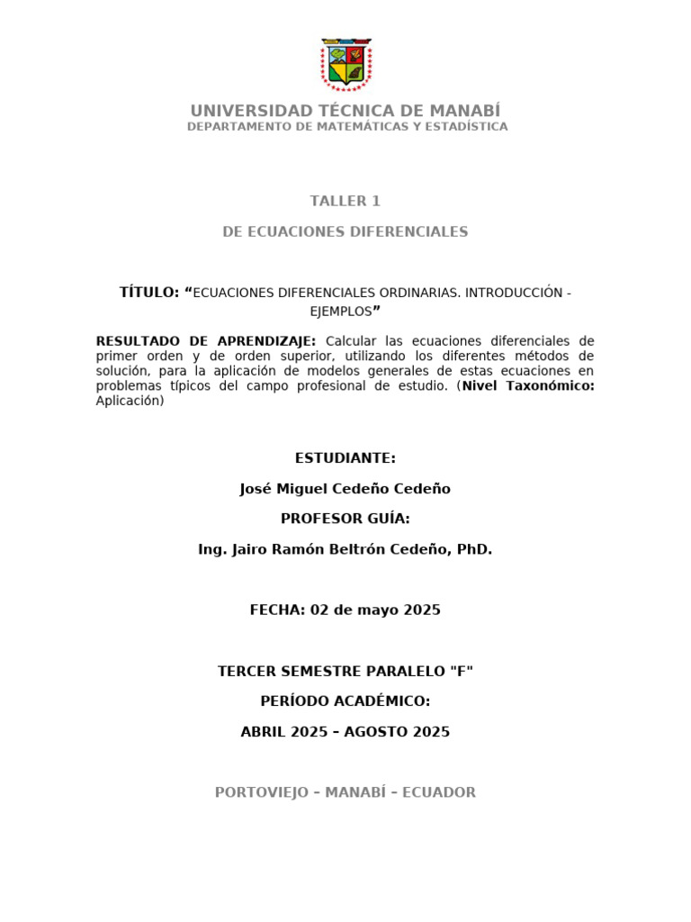 Formato de Carátula para Taller 1 | PDF