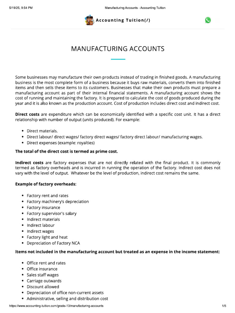 Manufacturing Accounts - Notes | PDF