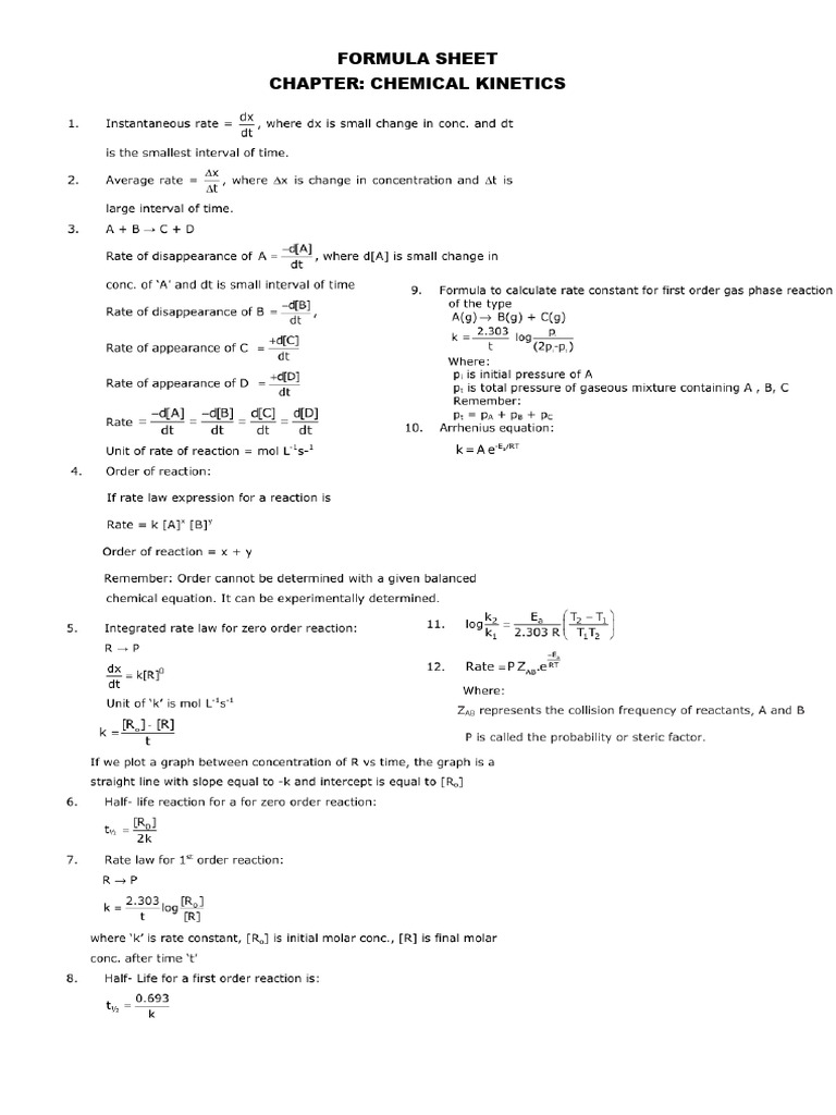 Formula Sheet Chemical Kinetics | PDF