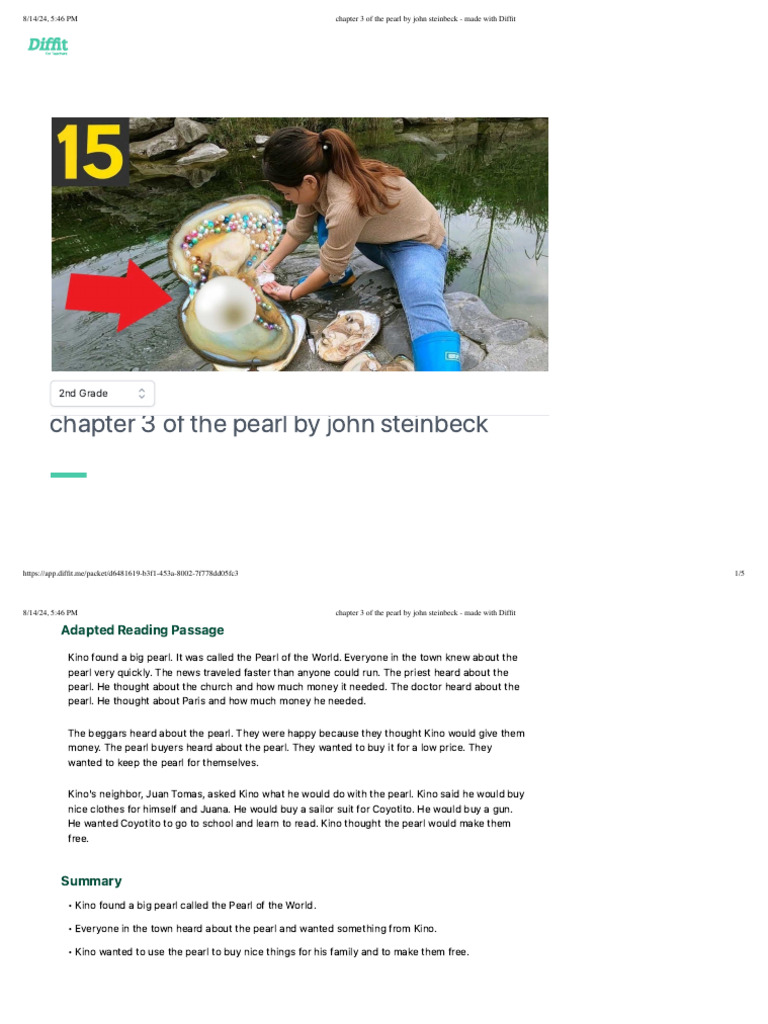 Chapter 3 2ndgradethe Pearl by John Steinbeck - Made With Diffit | PDF ...