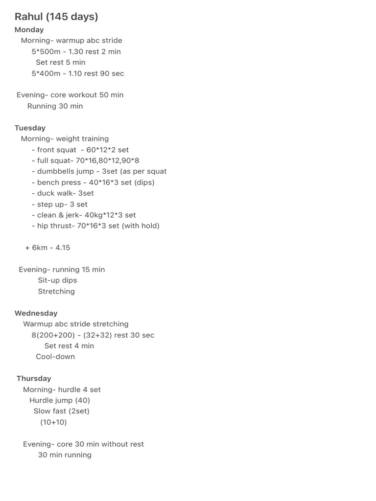 Rahul's 145-Day Fitness Regimen | PDF